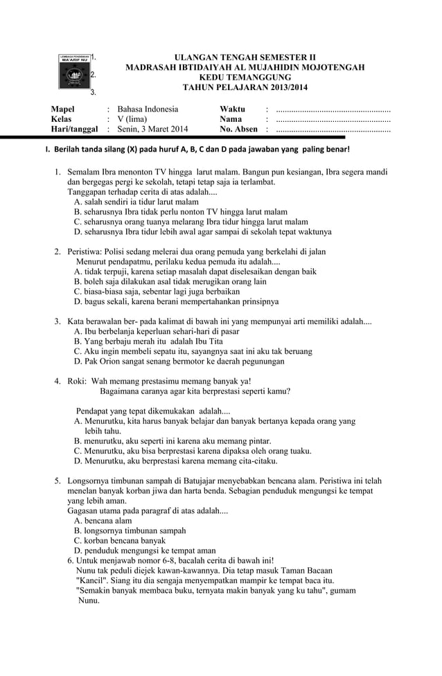 Soal uts bhs indonesia kelas 5 semester 2 | DOC