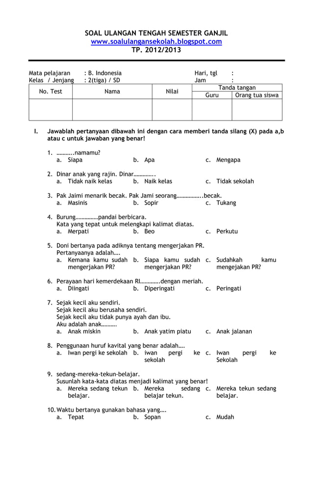 Soal uts bindo kelas 2 semester 1 | PDF