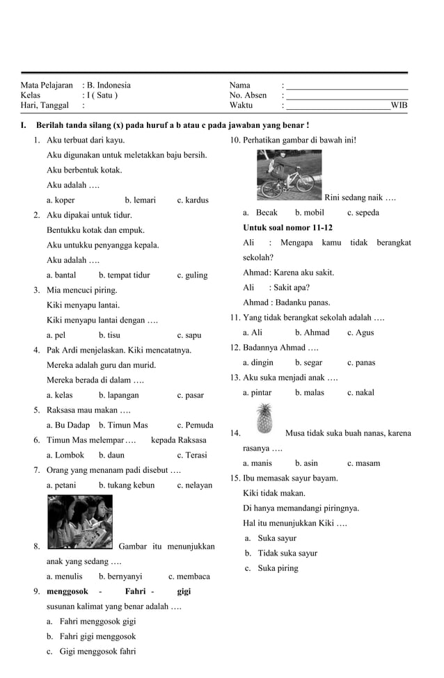 Soal uts genap b indonesia kelas 1 2017 | PDF