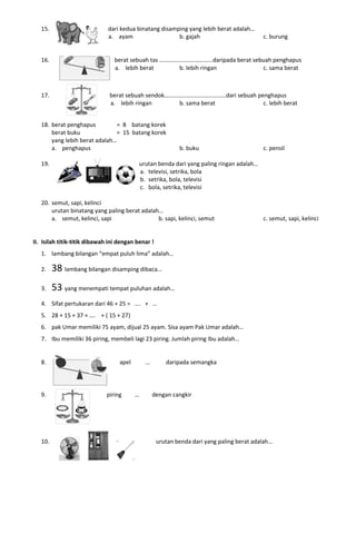 Soal uts genap matematika kelas 1 2017 | PDF