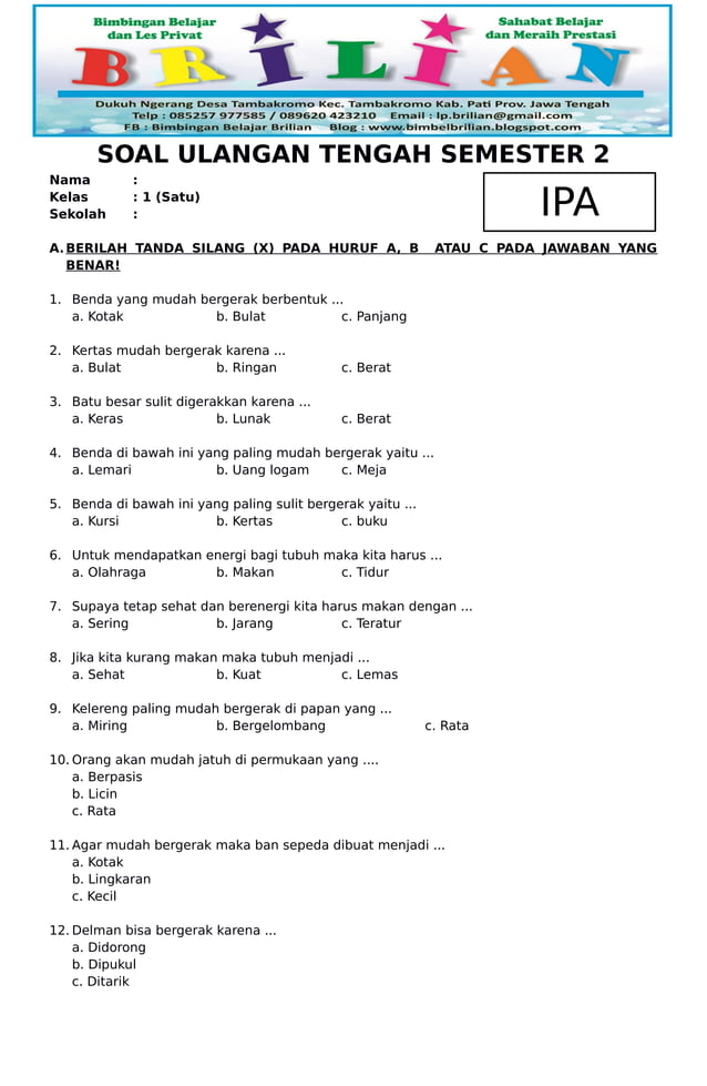 Soal uts ipa kelas 1 sd semester 2 | PDF
