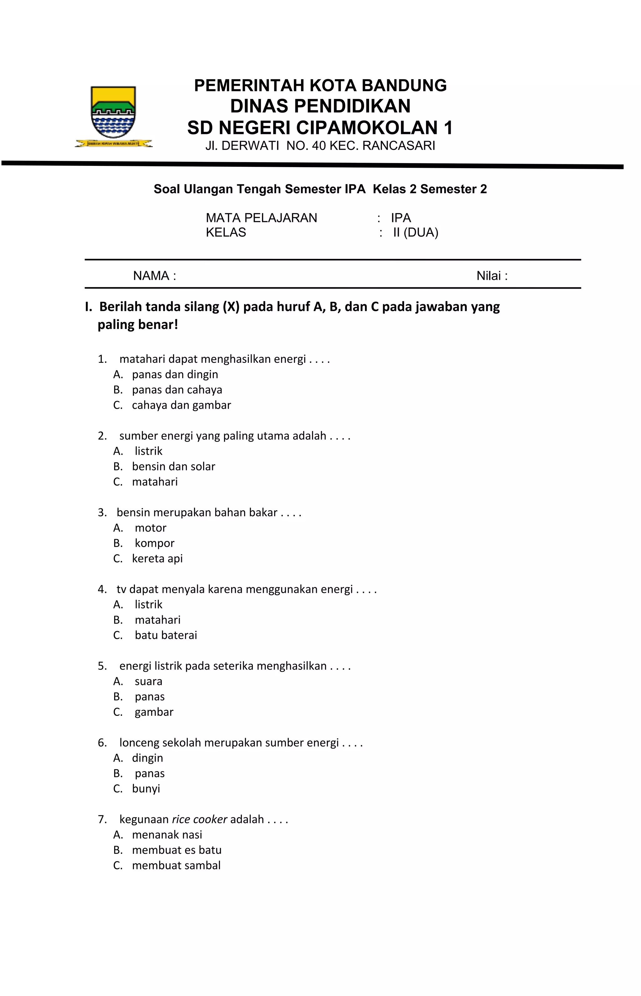 Soal uts ipa kelas 2 semester 2 | DOC
