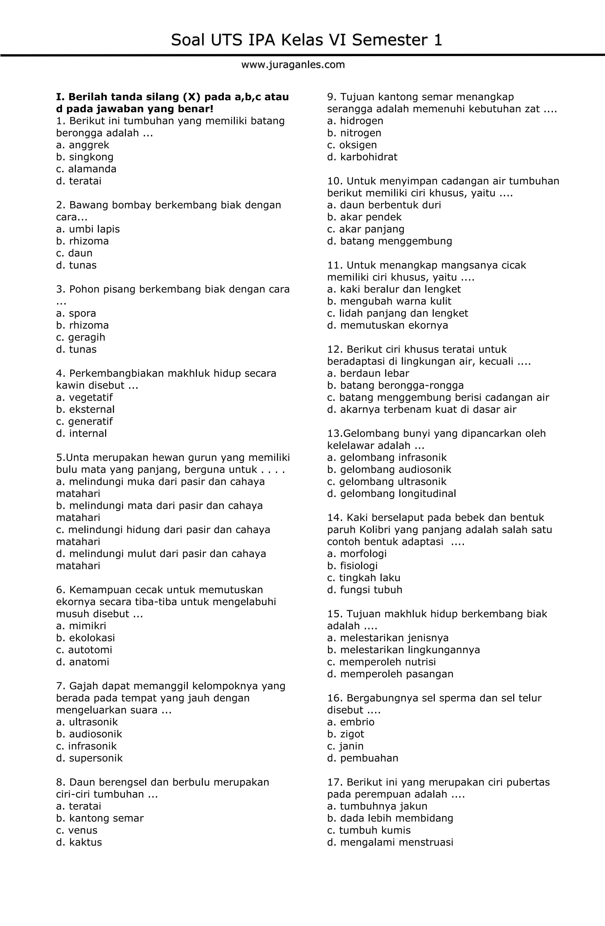 Soal uts ipa kelas 6 semester 1 | PDF