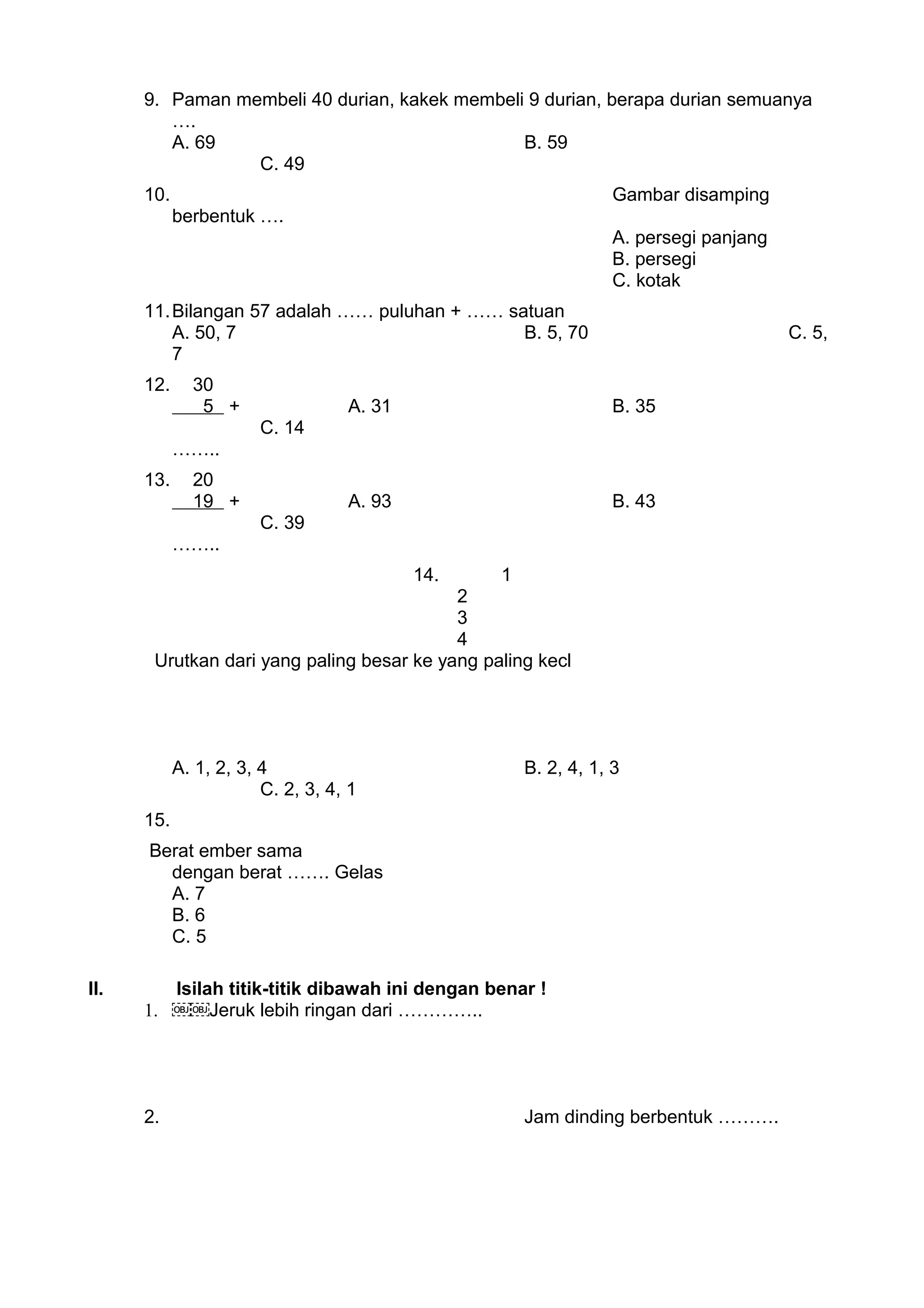 Soal uts ktsp matematika kelas 1 sd semester 2 | ODT