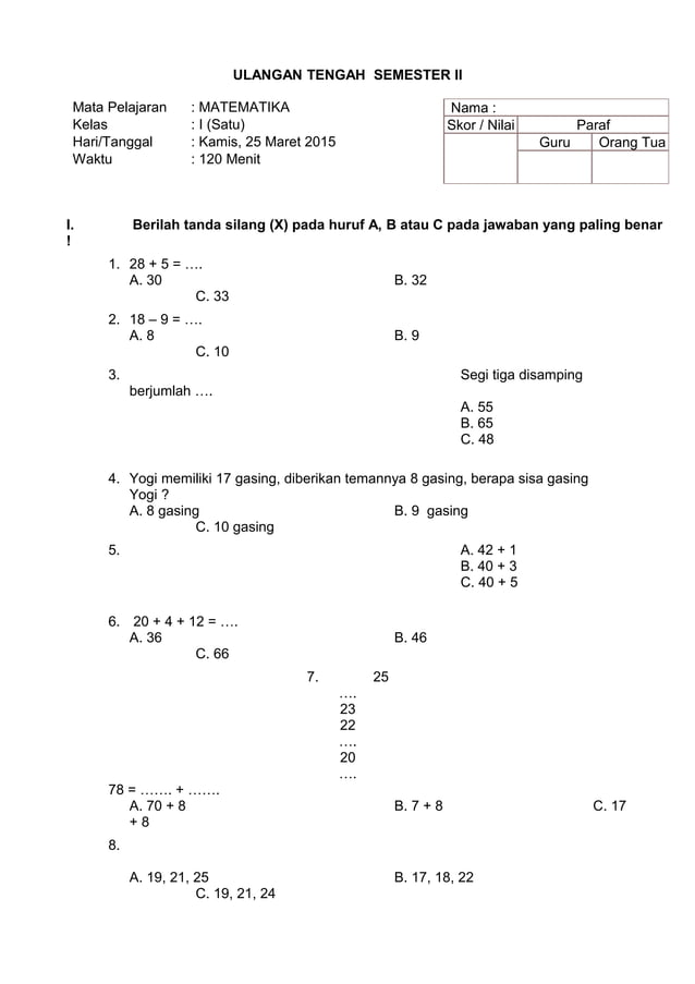 Soal uts ktsp matematika kelas 1 sd semester 2 | ODT