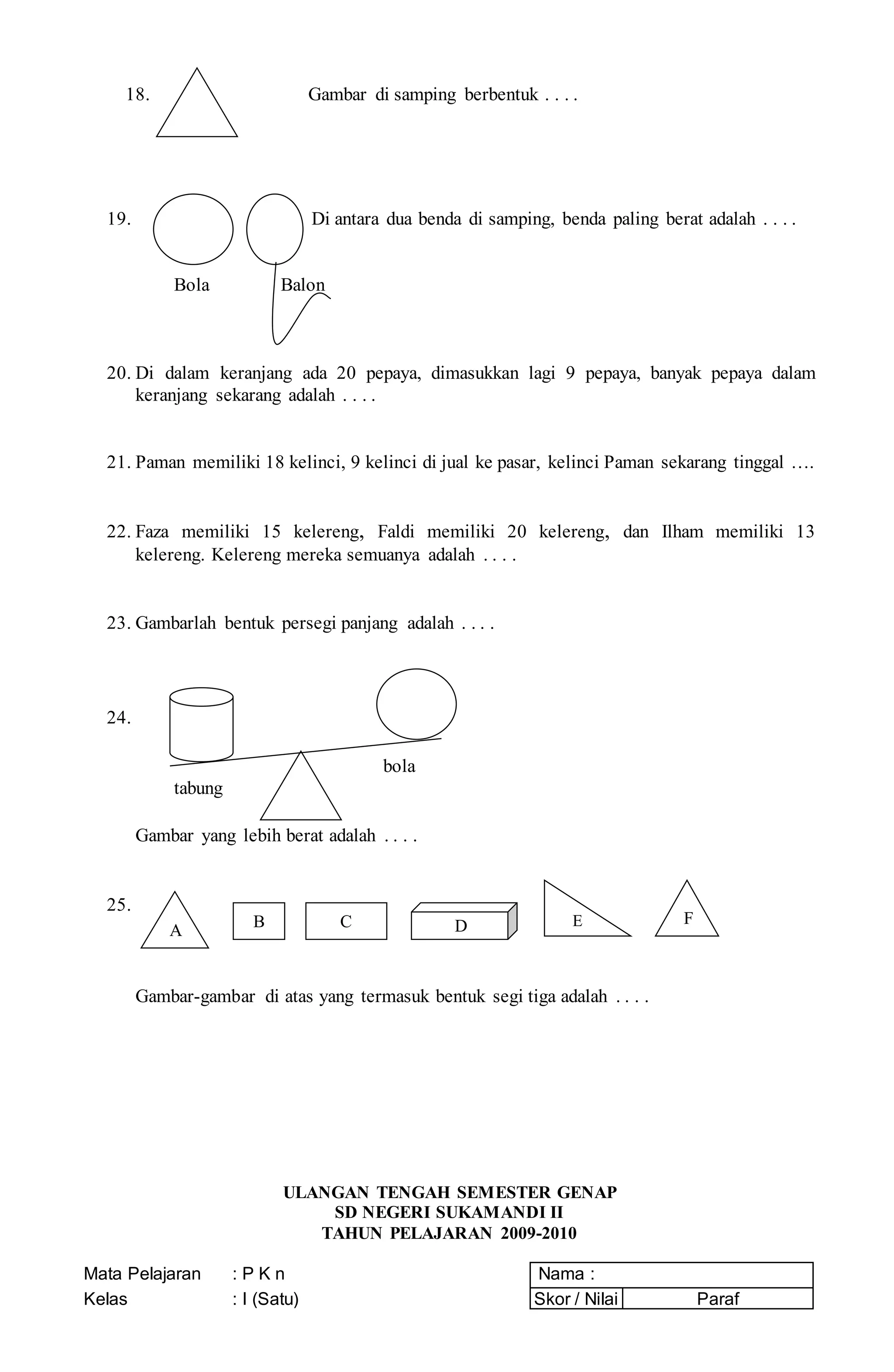 Soal uts matematika kelas 1 semester 2 | PDF
