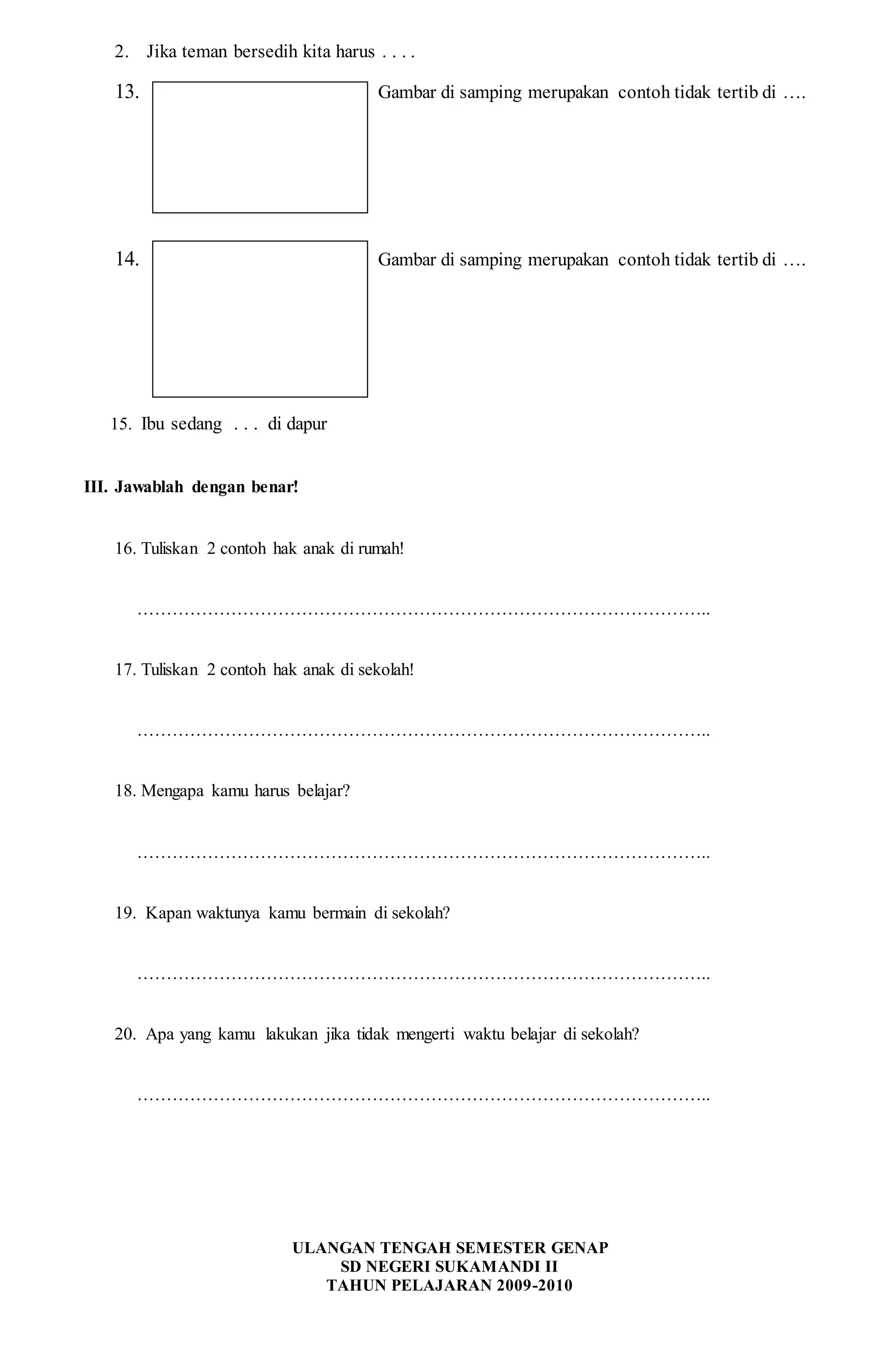 Soal uts matematika kelas 1 semester 2 | PDF
