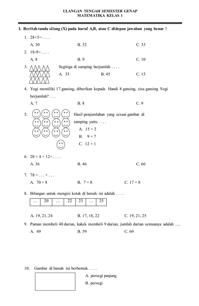 Soal uts matematika kelas 1 semester 2 | PDF