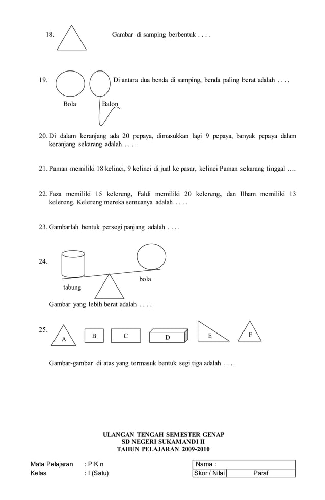 Soal uts matematika kelas 1 semester 2 | PDF