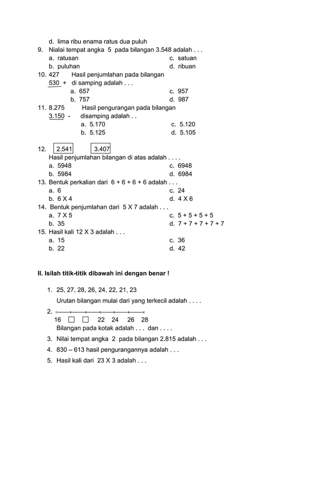 Soal uts matematika kelas 3 semester 1 | PDF