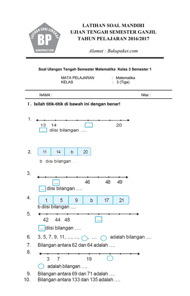 Soal uts matematika kelas 3 semester 1 | PDF