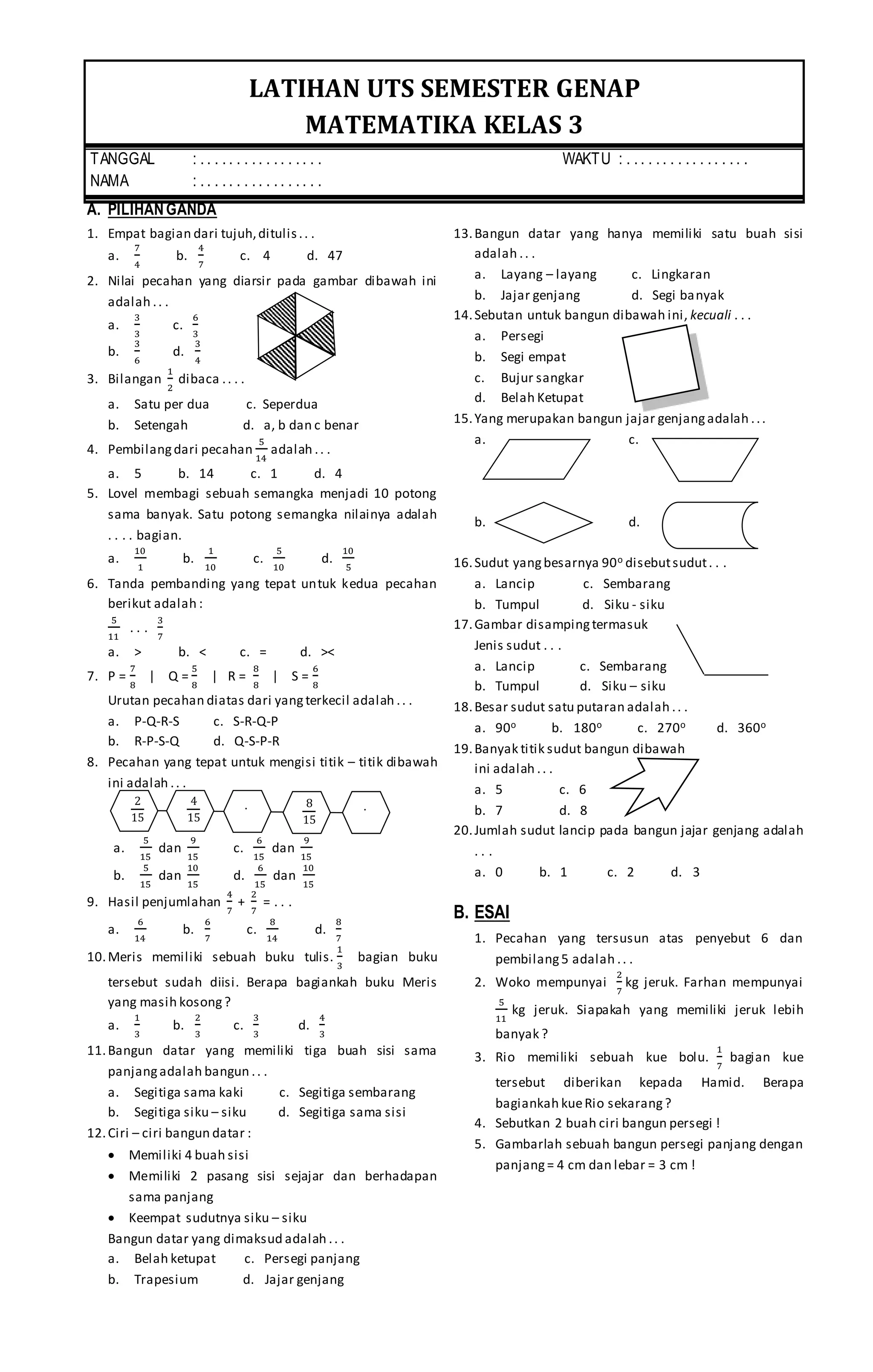 Soal Uts Matematika Kelas 3 Semester 2 Docx