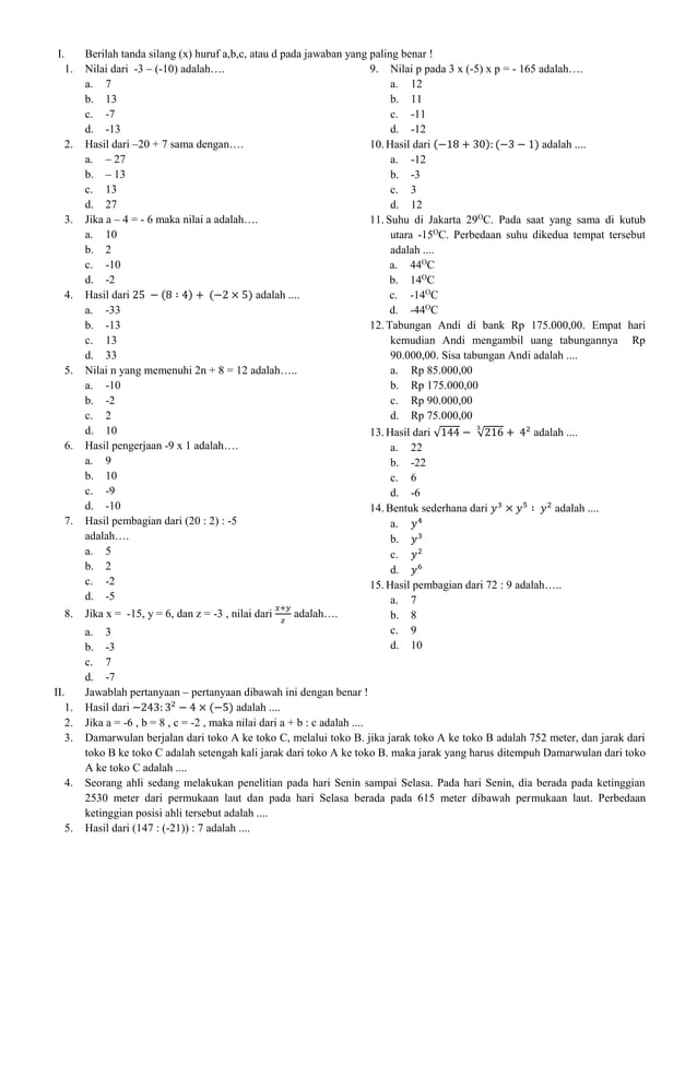 Soal uts matematika kelas 7 (publish) | DOCX