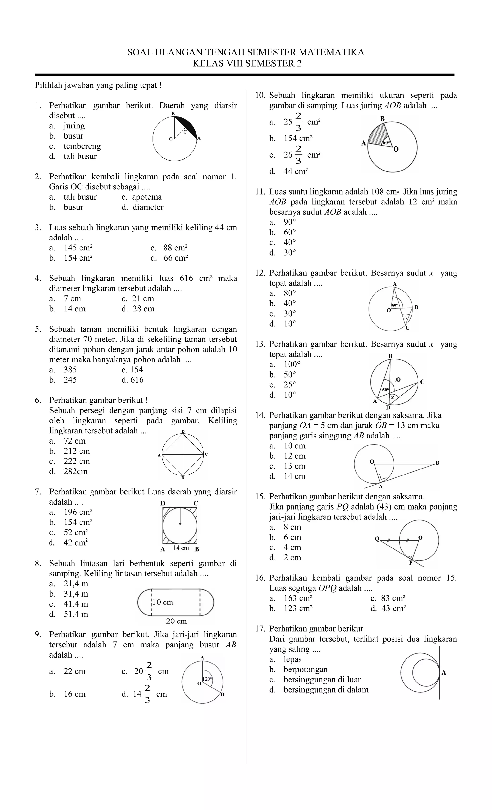 Soal uts mtk kelas 8 sem 2 | DOC