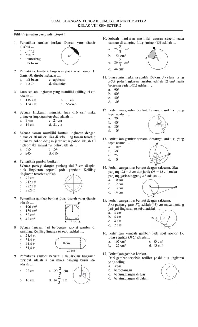Soal uts mtk kelas 8 sem 2 | DOC