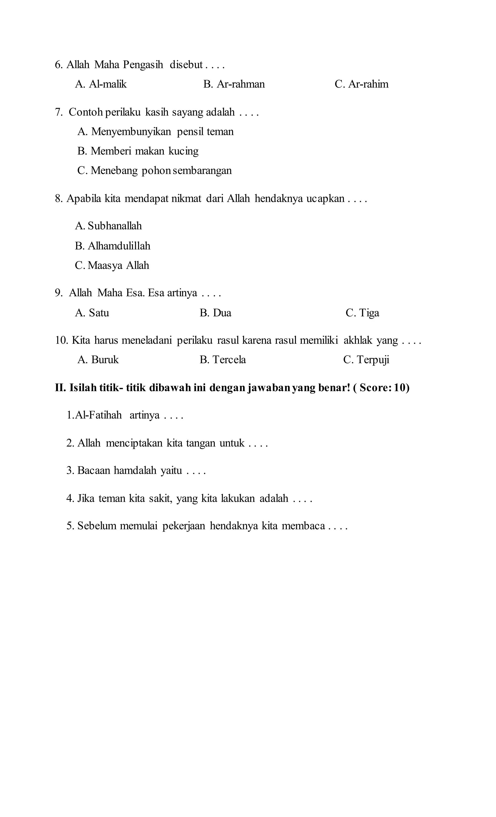 SOAL UTS PAI KELAS I SEMESTER 1 KTSP 2006 | PDF