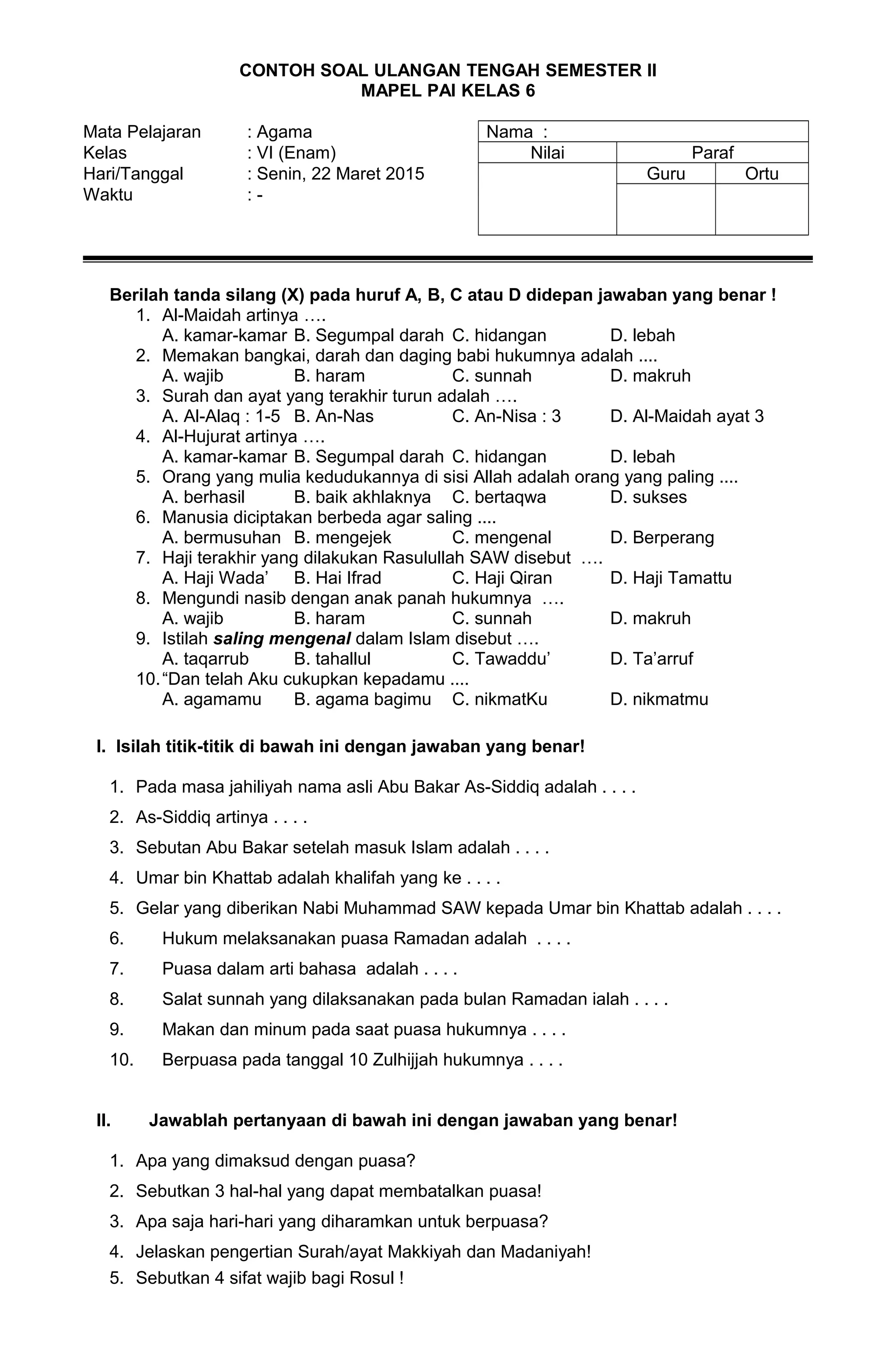 Soal uts pai ktsp kelas 4 semester 2 | PDF