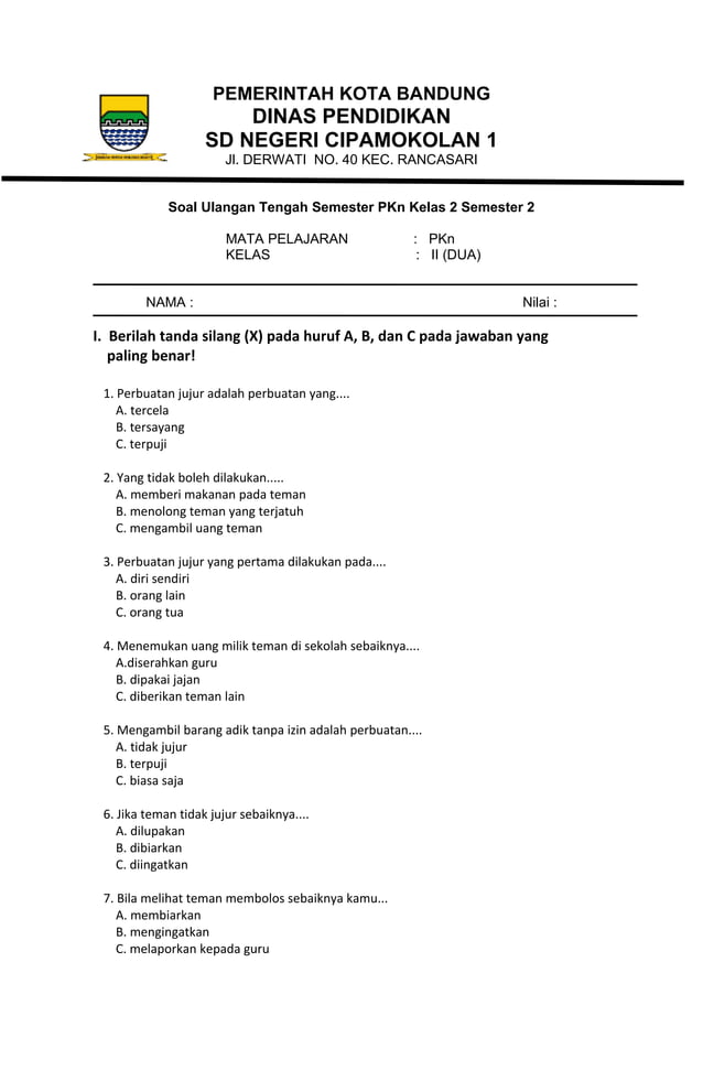 Soal uts pkn kelas 2 semester 2 | DOC