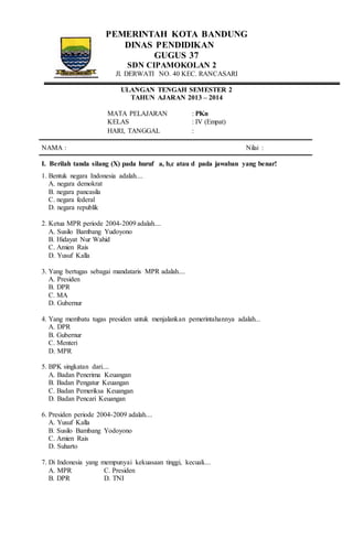 Soal uts pkn kelas 4 semester 2 | PDF