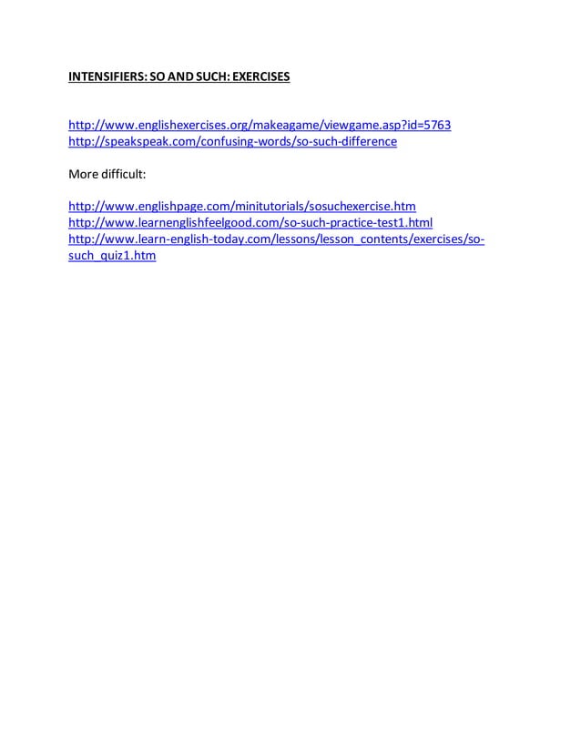 Intensifiers: So and such: Exercises | DOCX