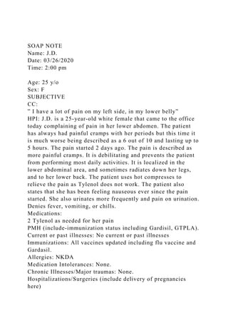 SOAP NOTEName J.D.Date 03262020Time 200 pmAge 25 .docx