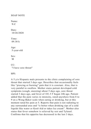 SOAP NOTEName N.CDate 10262020Time 09.30 h.docx