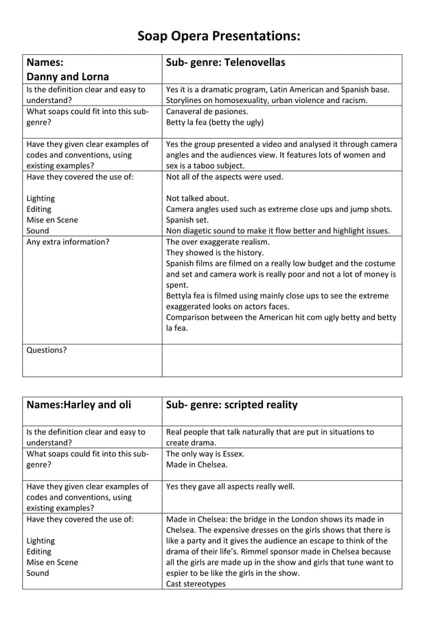 Soap opera presentation checklist 1 | PDF
