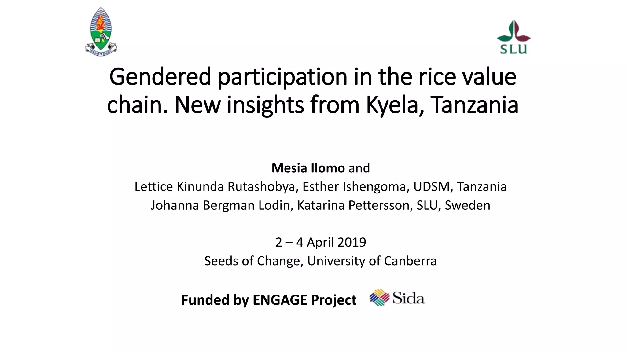 Gendered participation in the rice value chain. New insights from Kyela ...