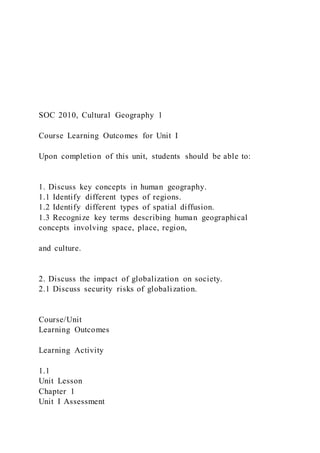SOC 2010, Cultural Geography 1 Course Learning Out | DOCX