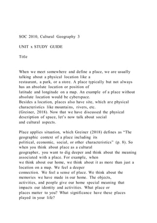 SOC 2010, Cultural Geography 1 Course Learning Out | DOCX