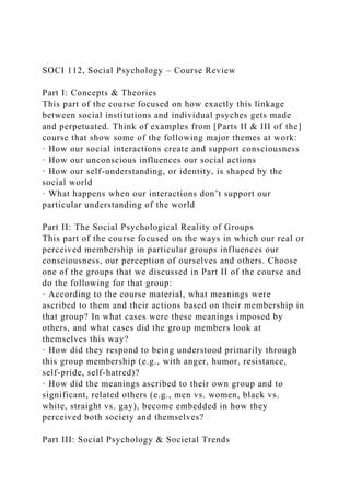 SOCI 112, Social Psychology – Course Review Part I Concepts &.docx