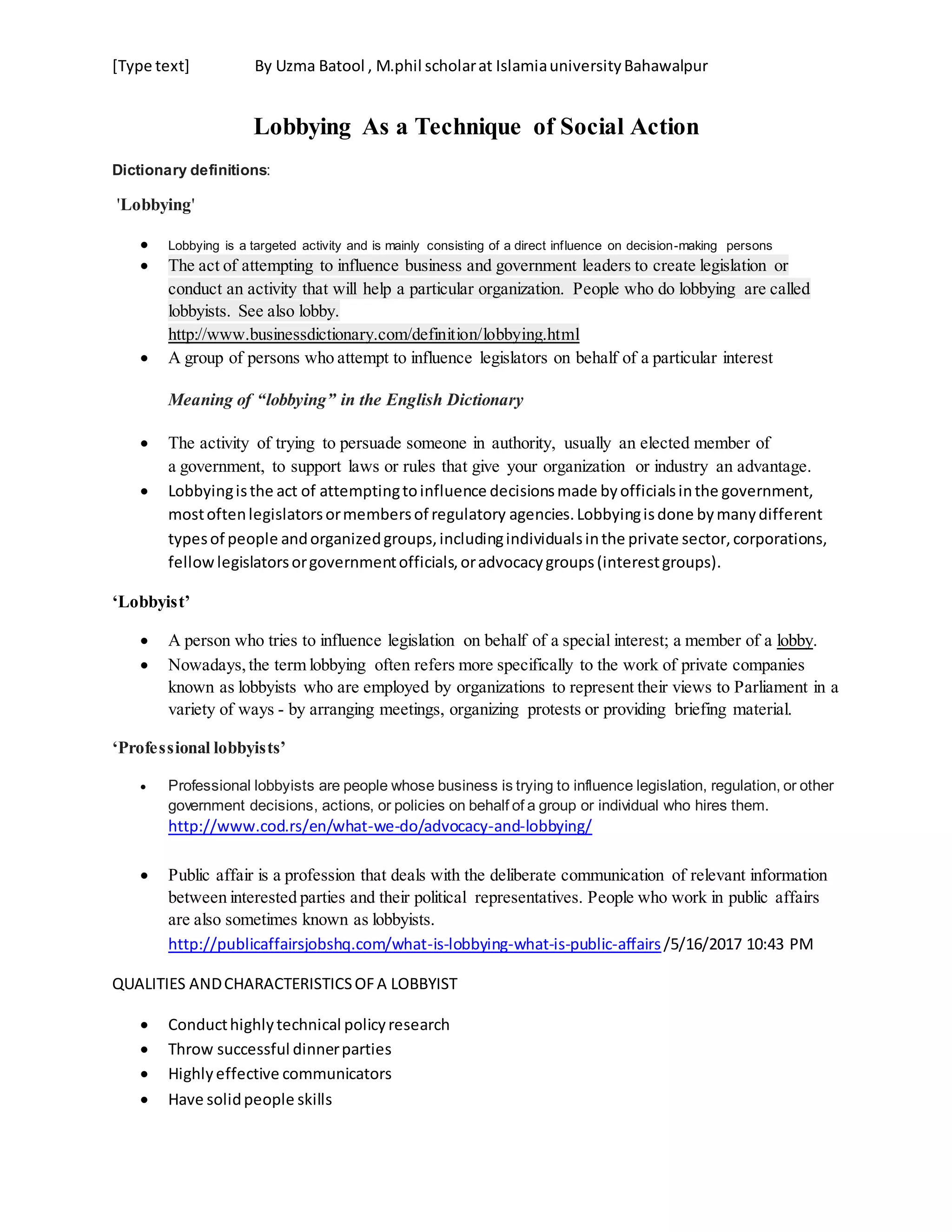 Social action lobbying | DOCX