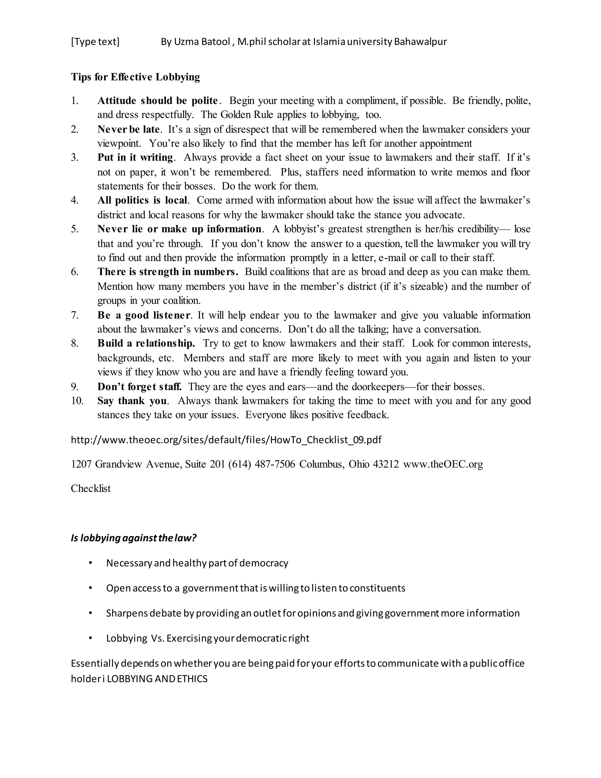 Social action lobbying | DOCX