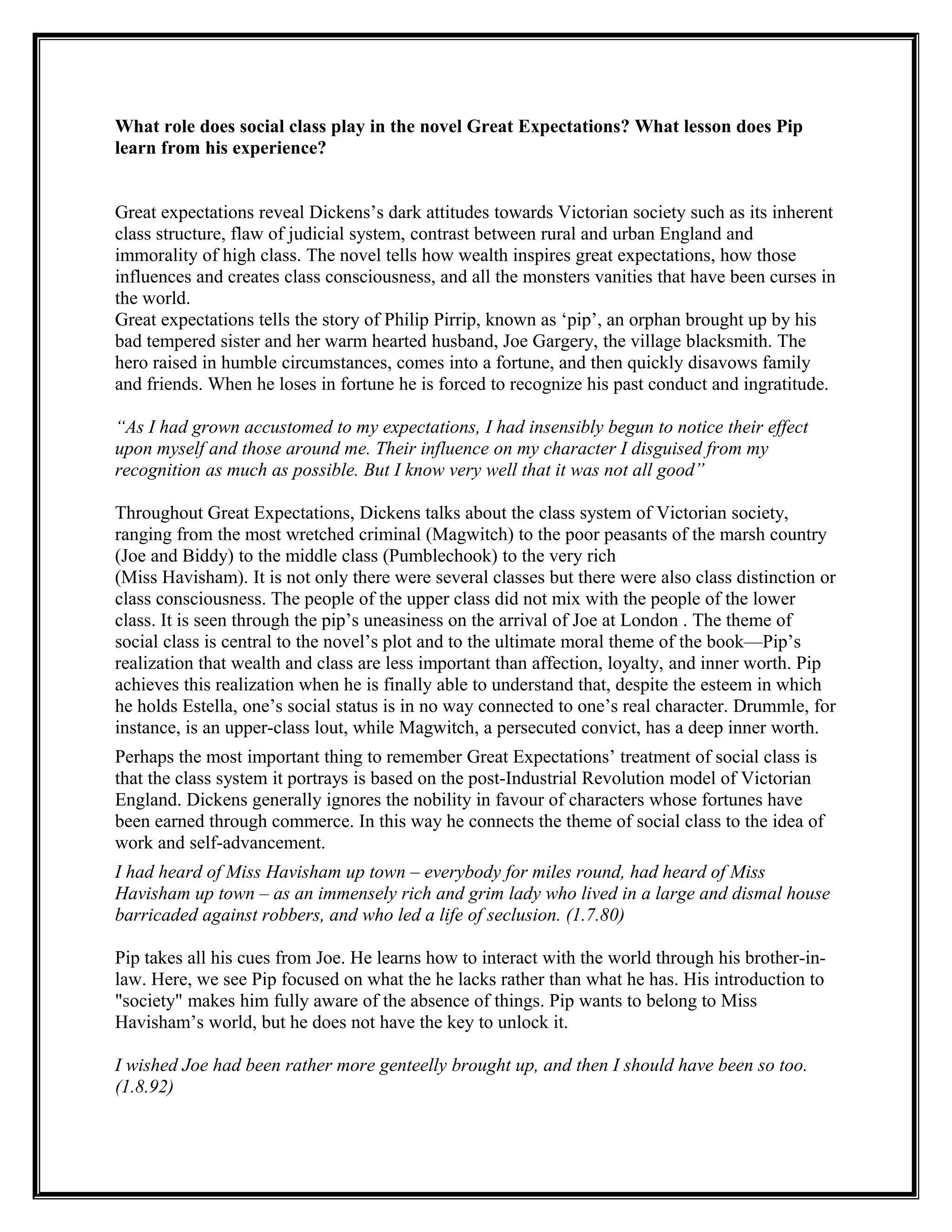 social class play in the novel Great Expectations | DOC