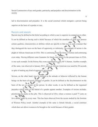 Social construction of race and gender, patriarchy and prejudice and ...