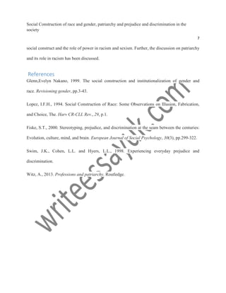 Social construction of race and gender, patriarchy and prejudice and ...