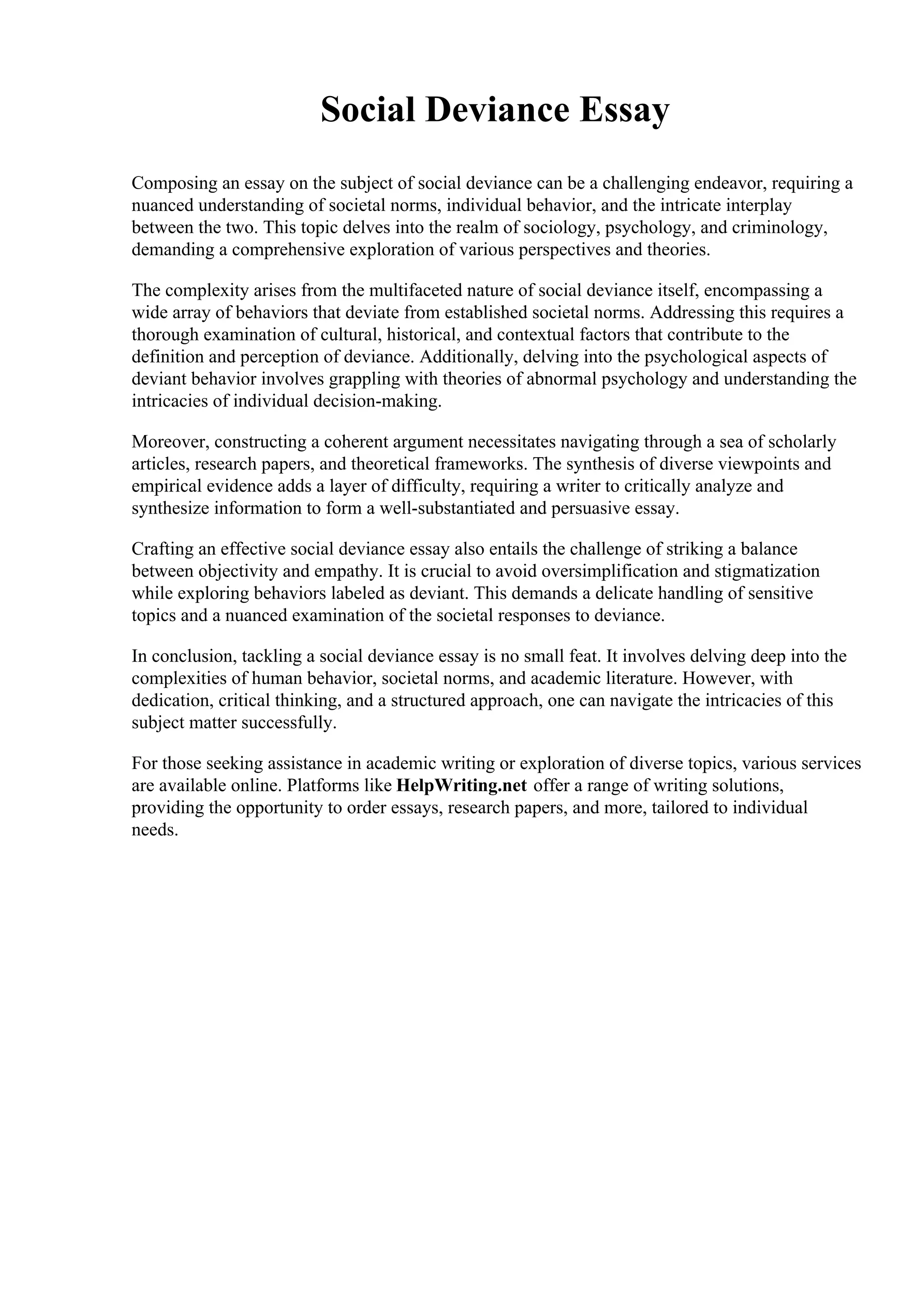 Social Deviance Essay. Weill Cornell Medicine | PDF