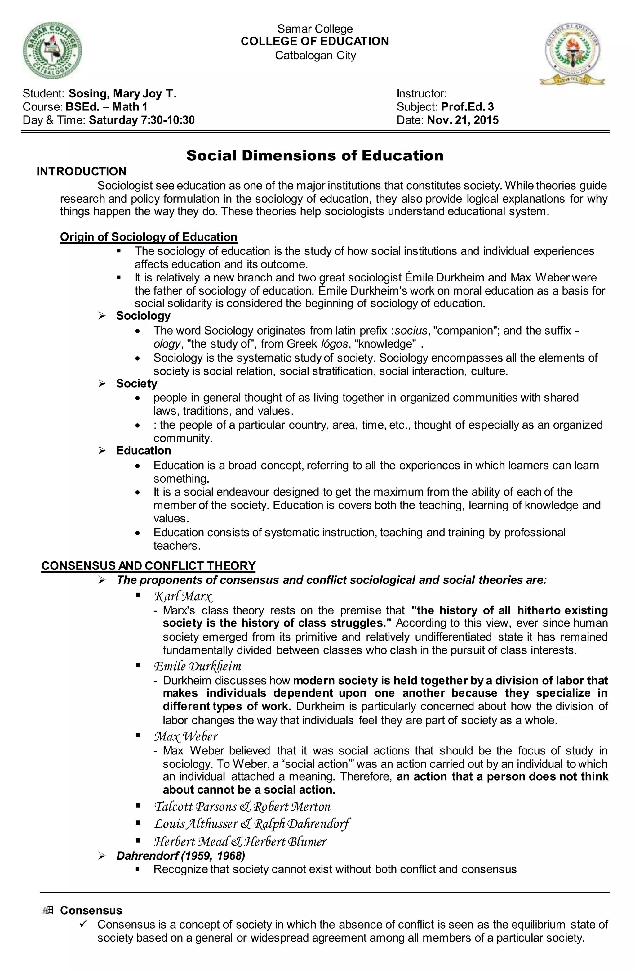 Social dimensions of education | PDF