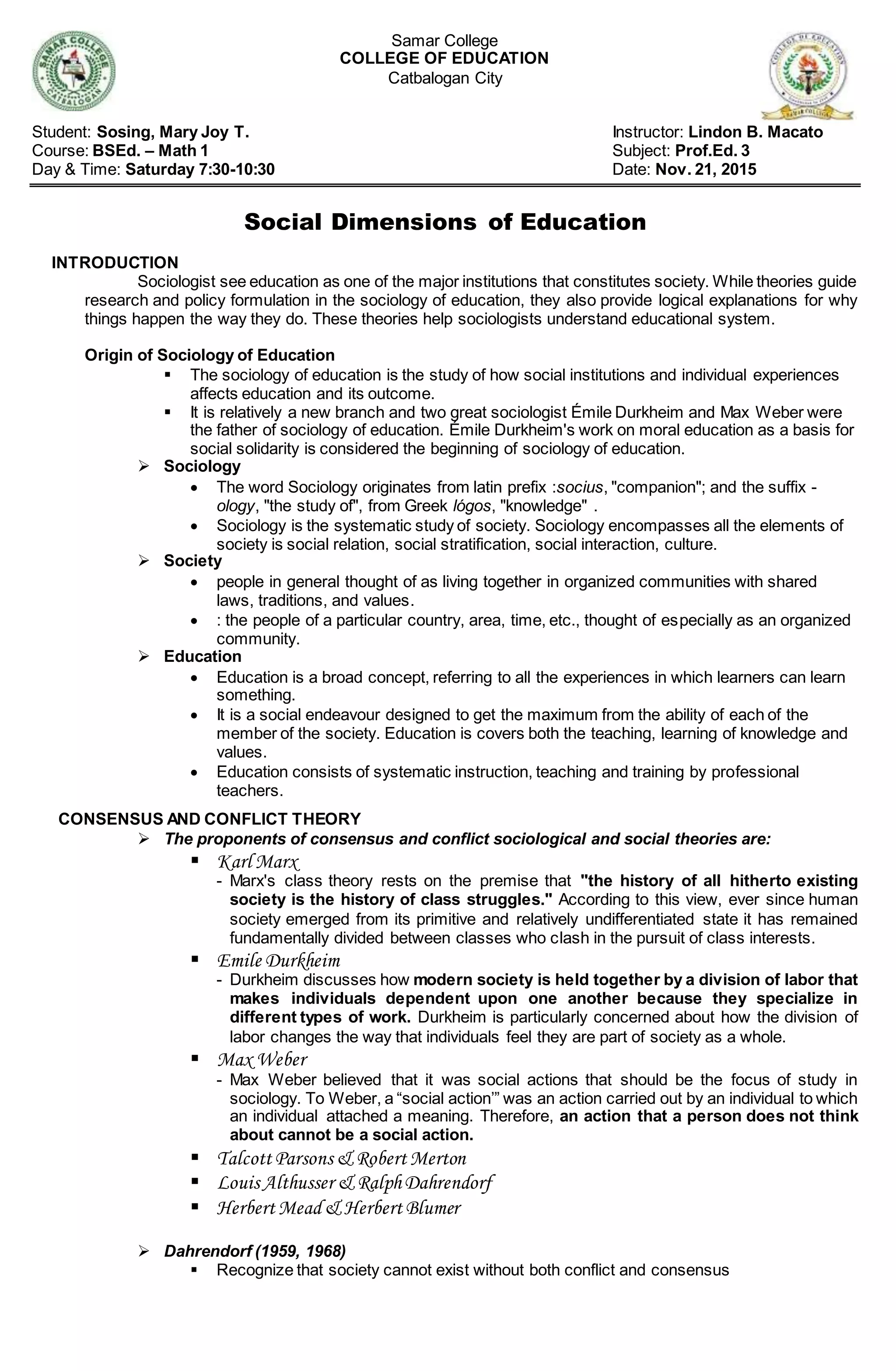 Social dimensions of education | DOCX