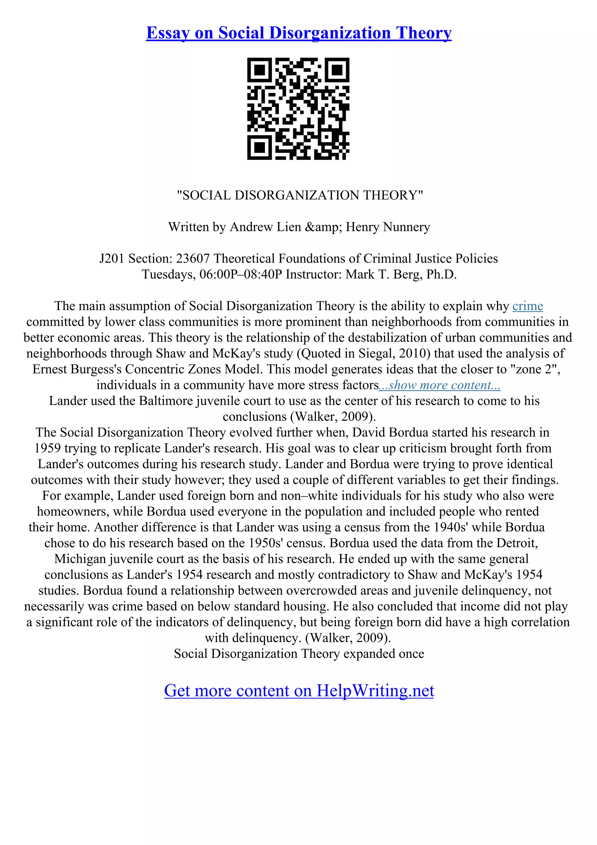 Social Disorganization Theory Essay | PDF