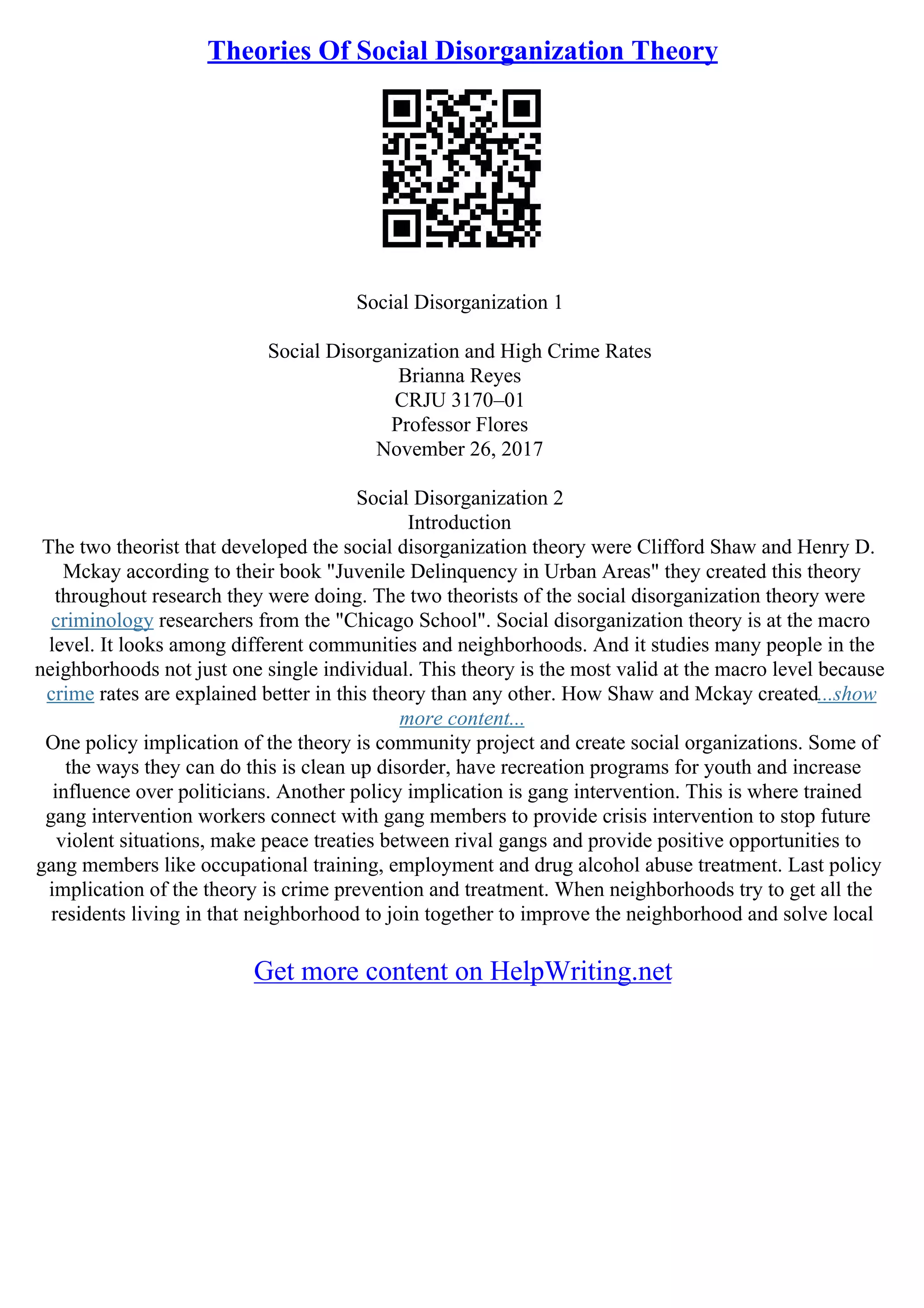Social Disorganization Theory Essay | PDF