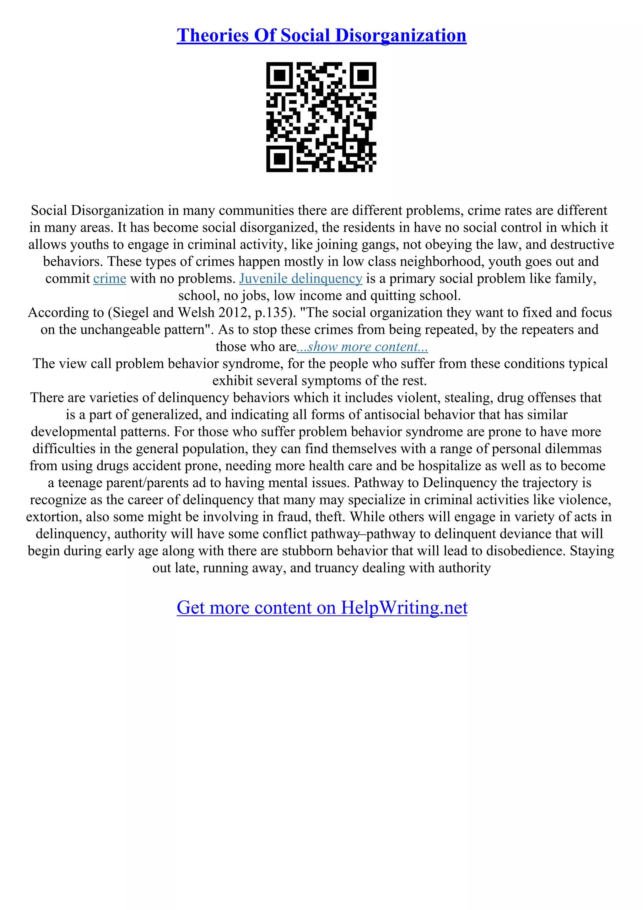 Social Disorganization Theory Essay | PDF