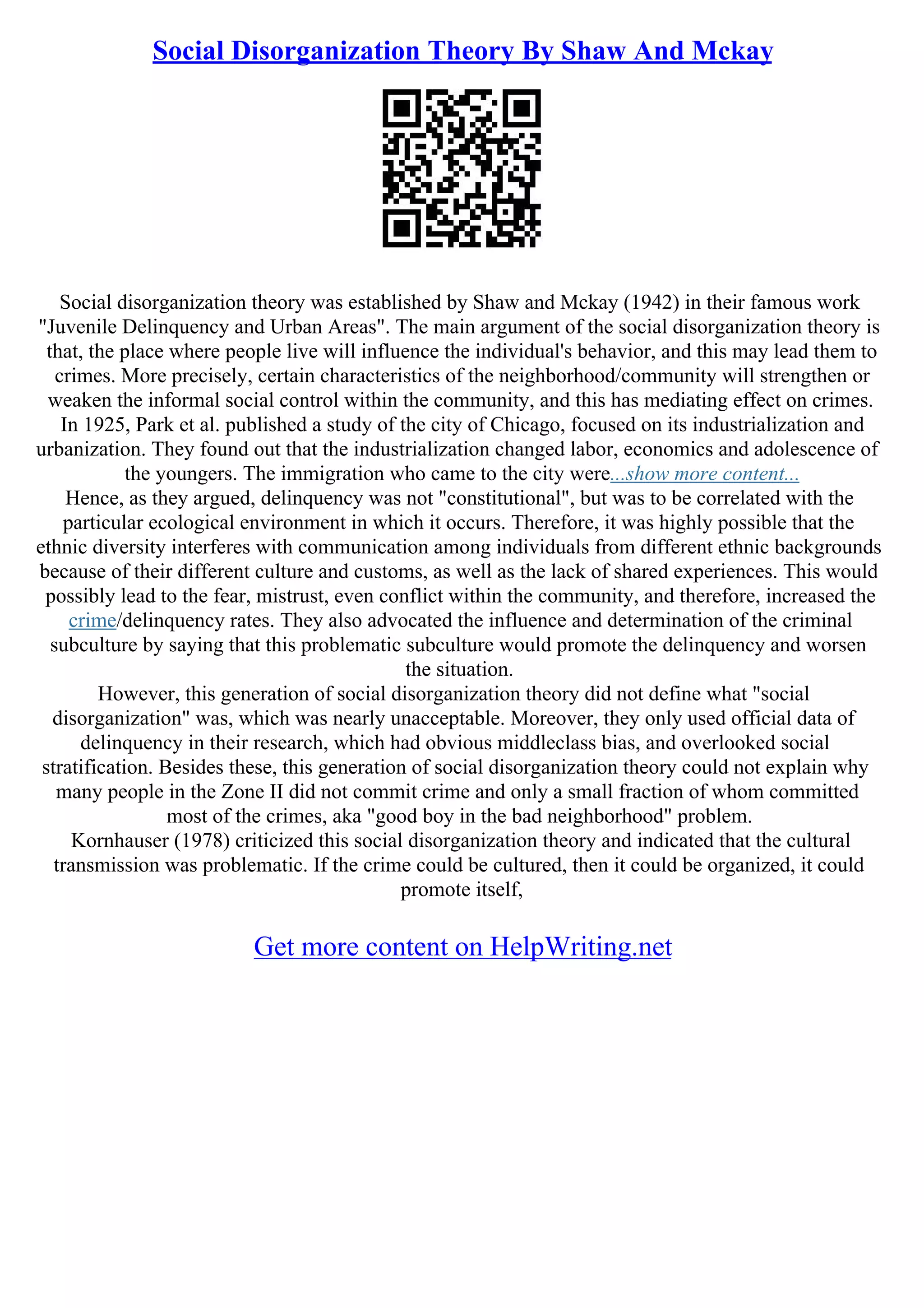 Social Disorganization Theory Essay | PDF