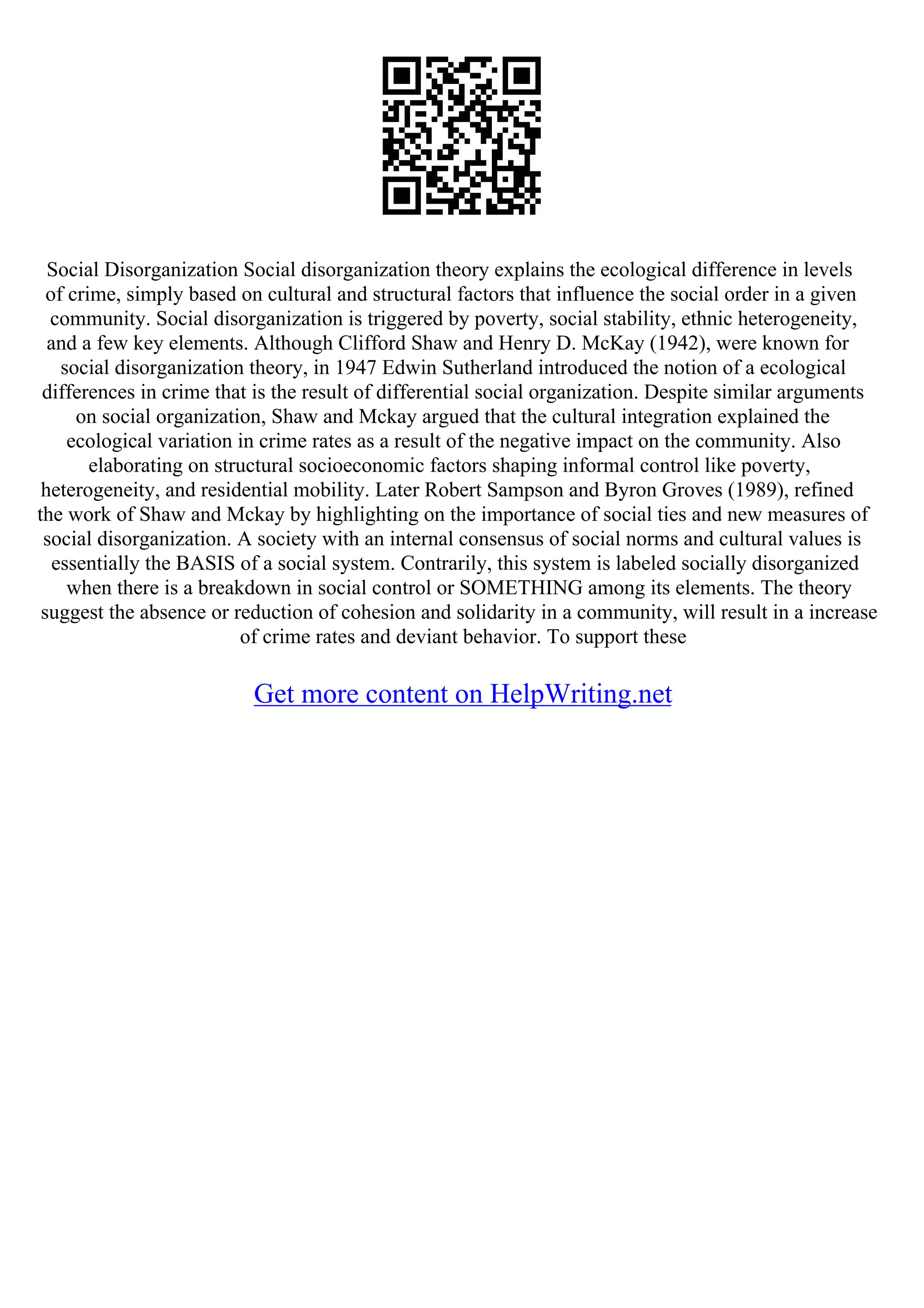 Social Disorganization Theory Essay | PDF
