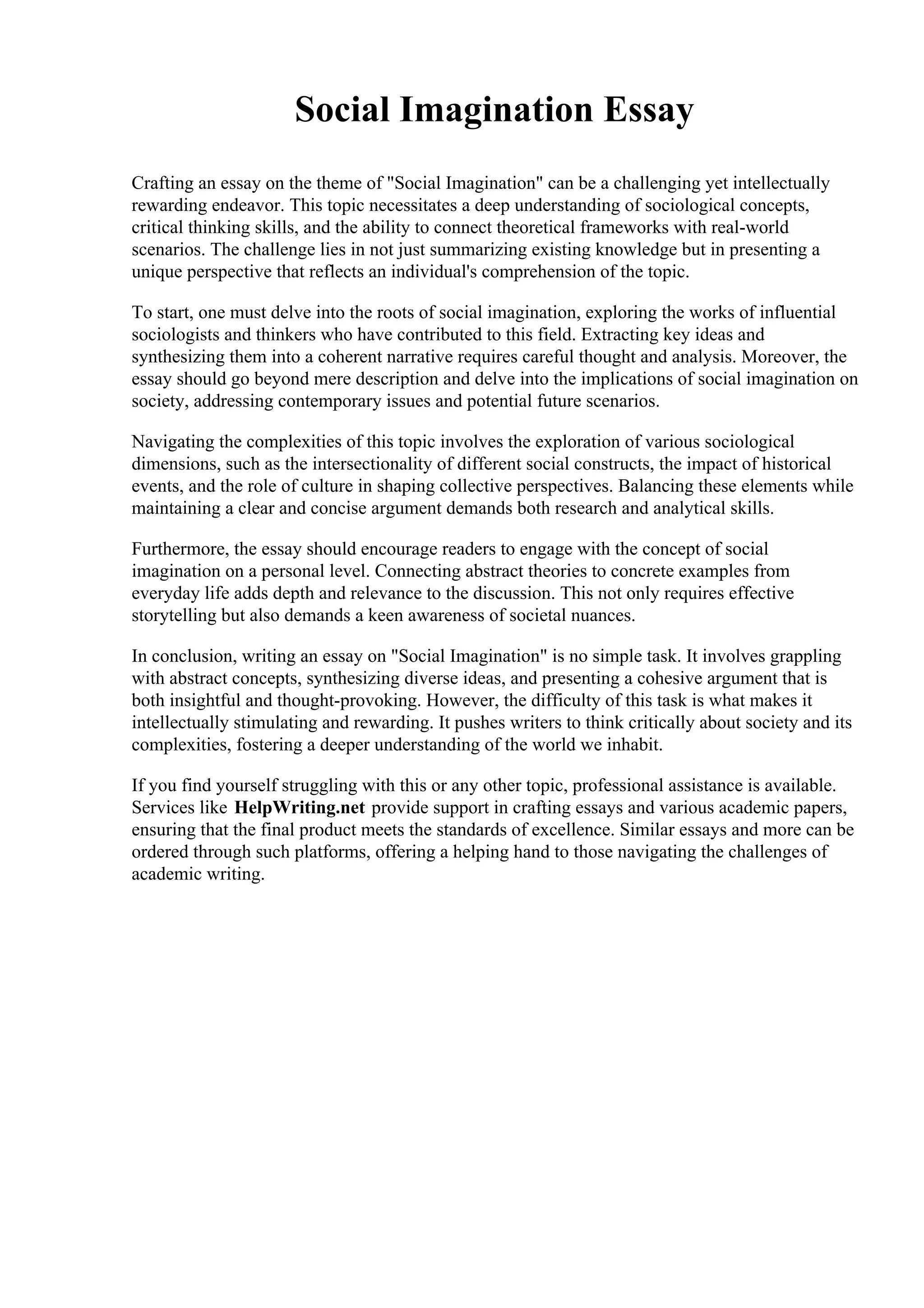 Social Imagination Essay. Triton College | PDF