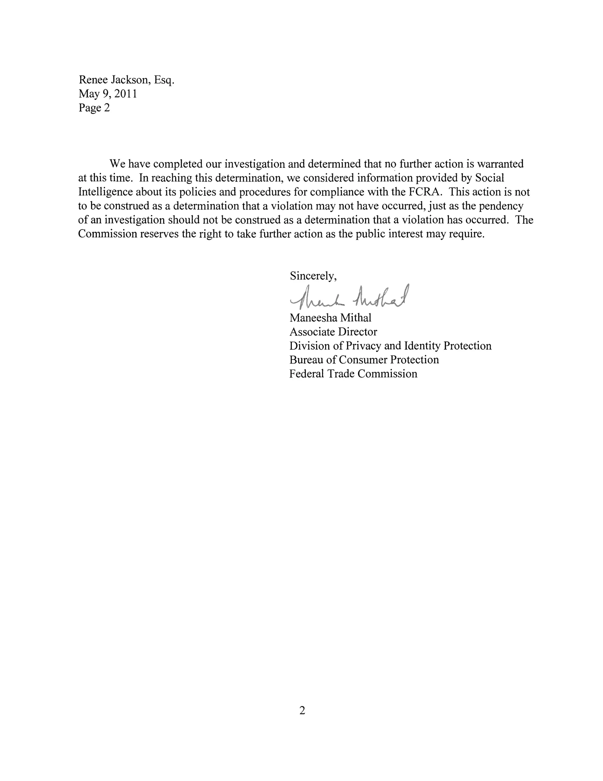 Social Intelligence Corporation - FTC Letter of May 9, 2011 | PDF