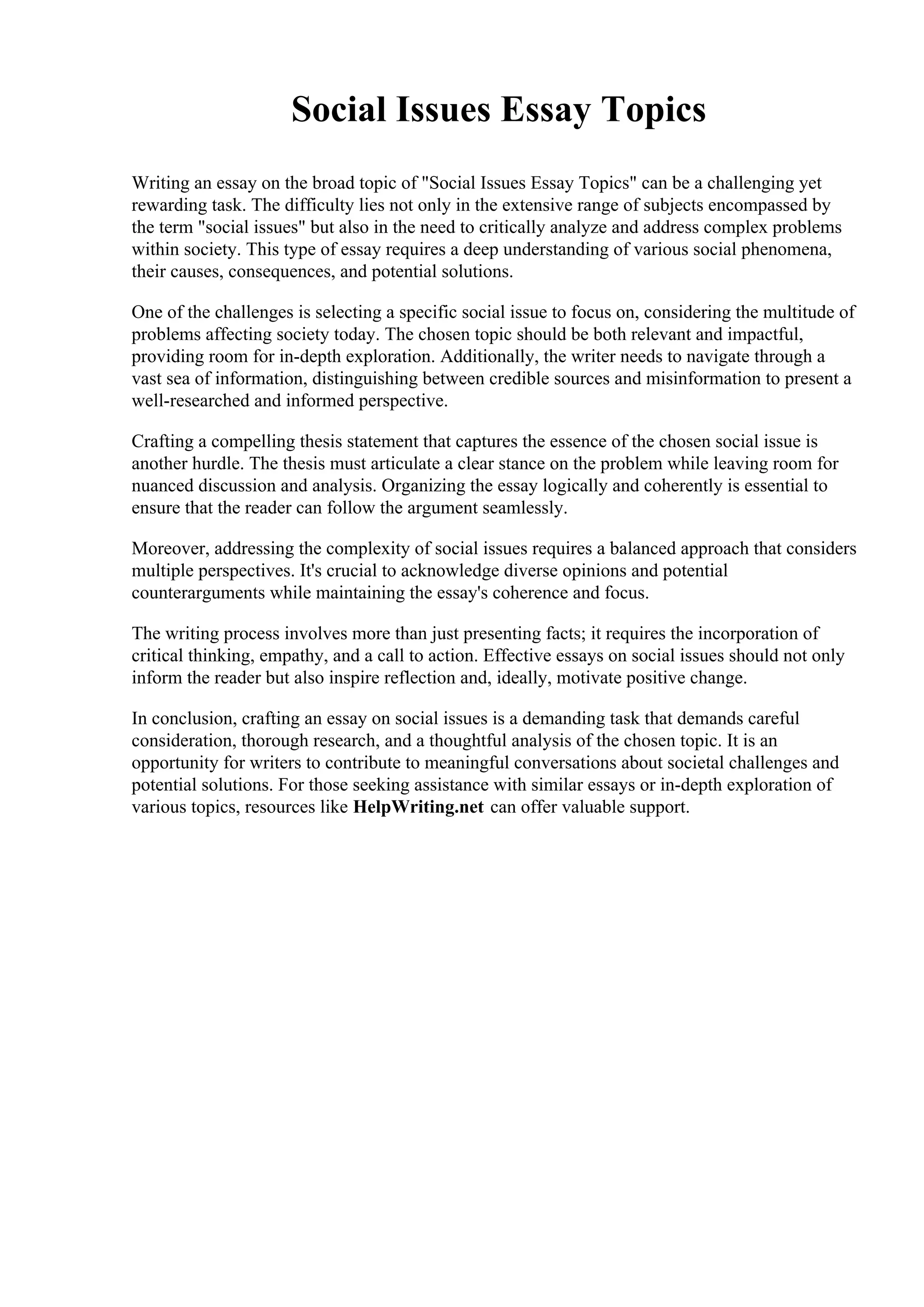 Social Issues Essay Topics Pdf