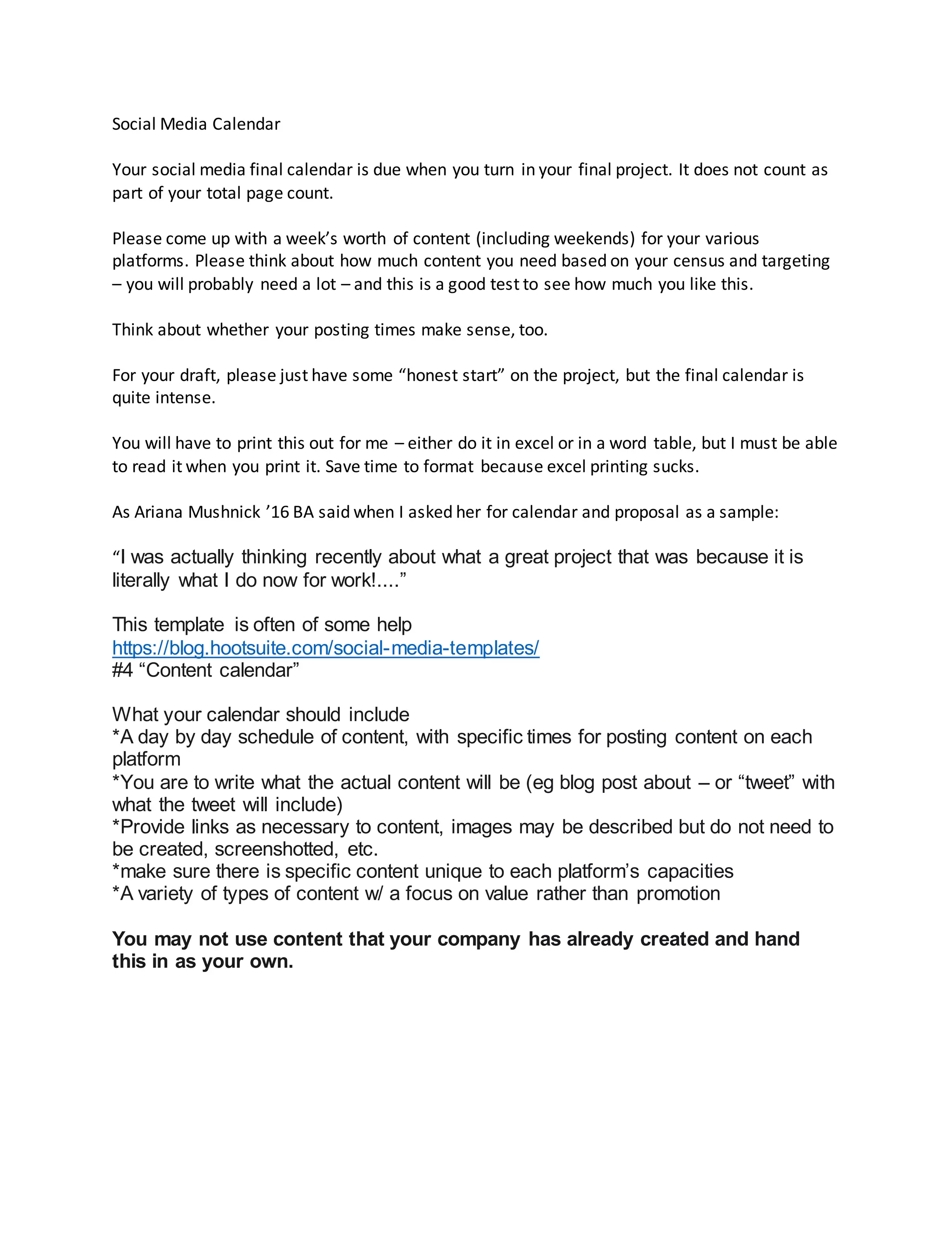 Social media calendar assignment | DOCX | Content Production | Hobbies & Interests