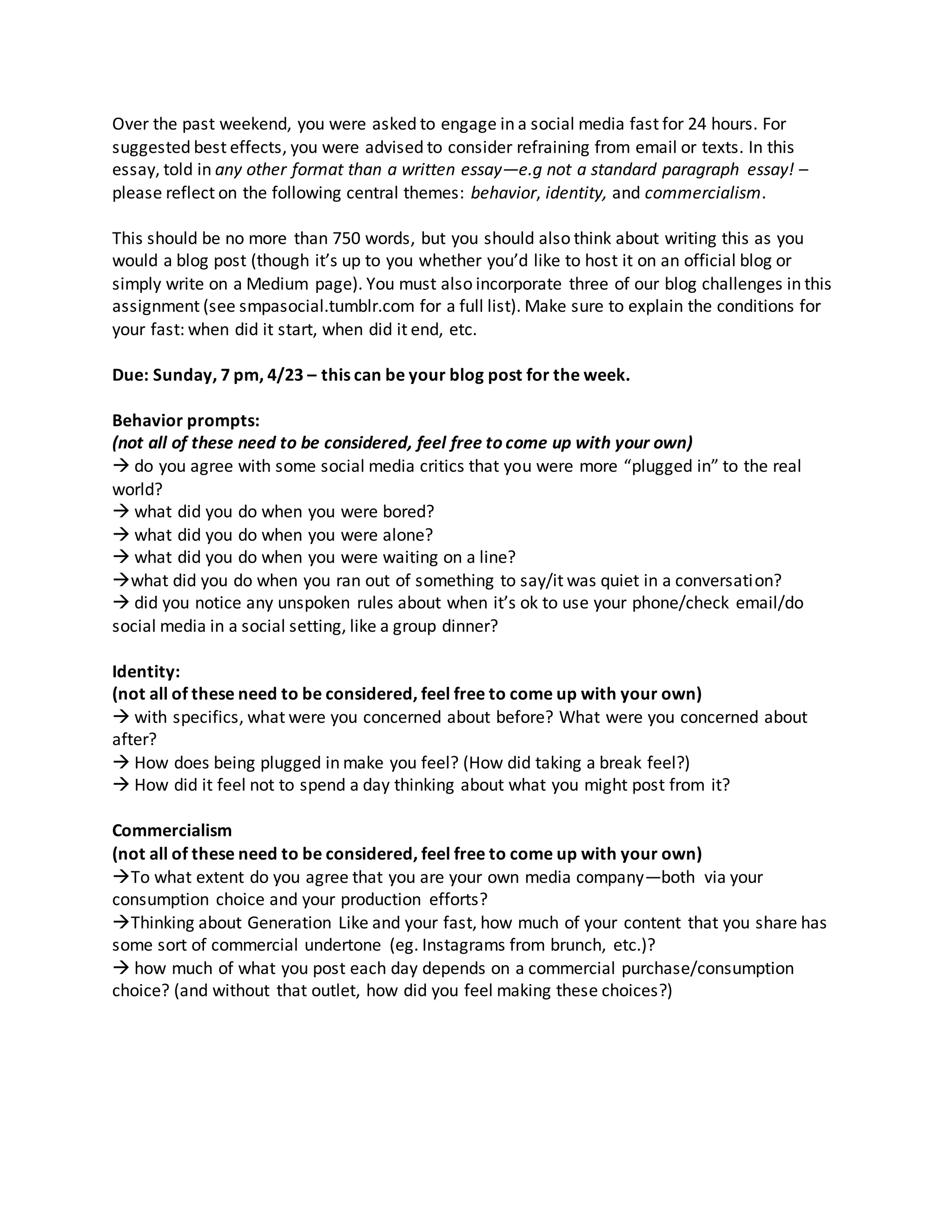 Social media fast reflection essay | DOCX