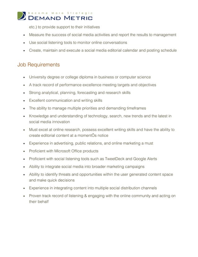 Social Media Manager Job Description | DOC | Social Networking | Internet